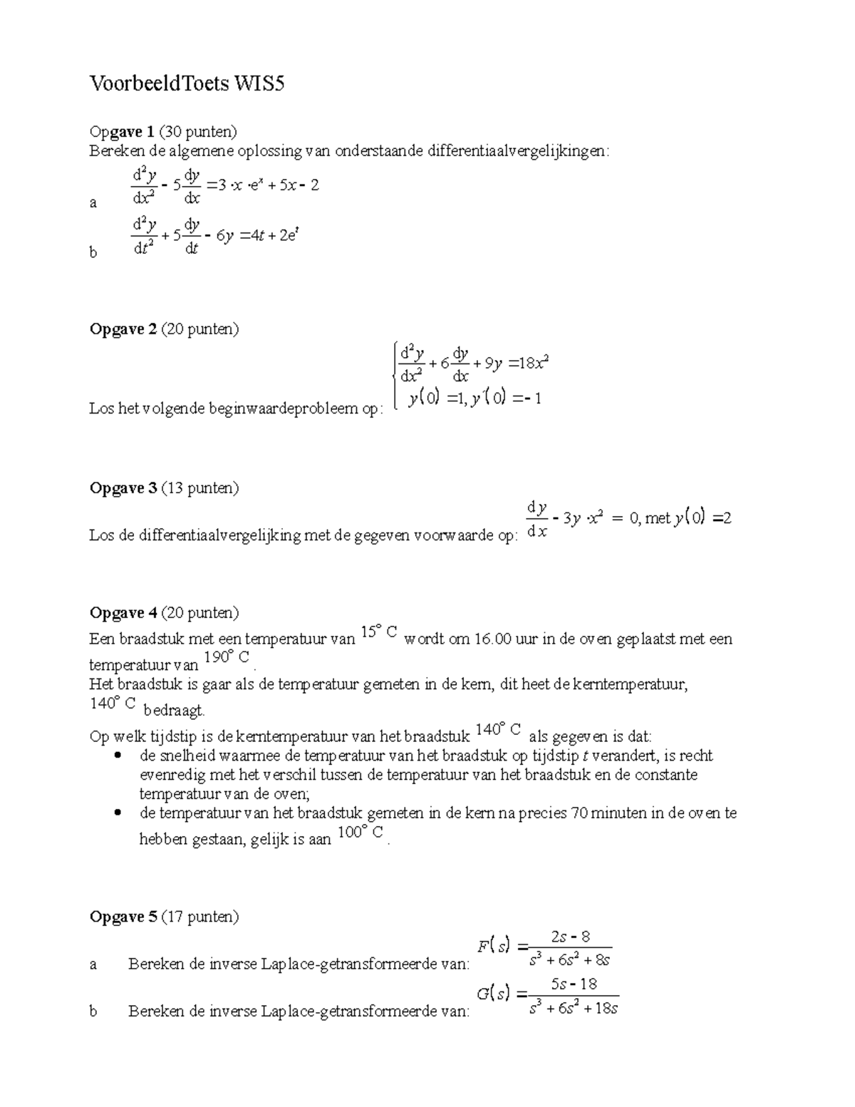 Voorbeeld Toets WIS5 - Wiskunde 5 - VoorbeeldToets WIS5 Opgave 1 (30 ...