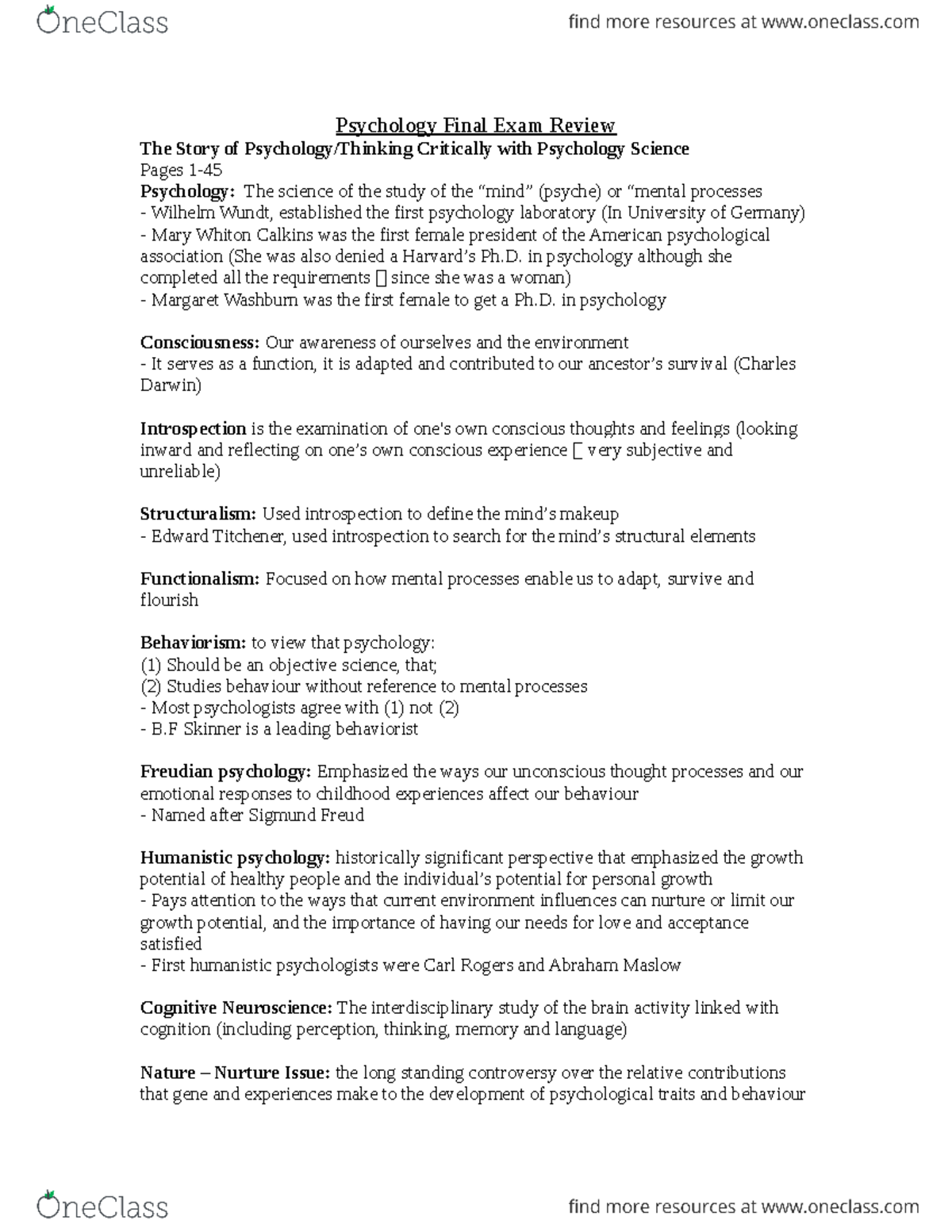 Psy1101final - Psychology Final Exam Review The Story of Psychology ...