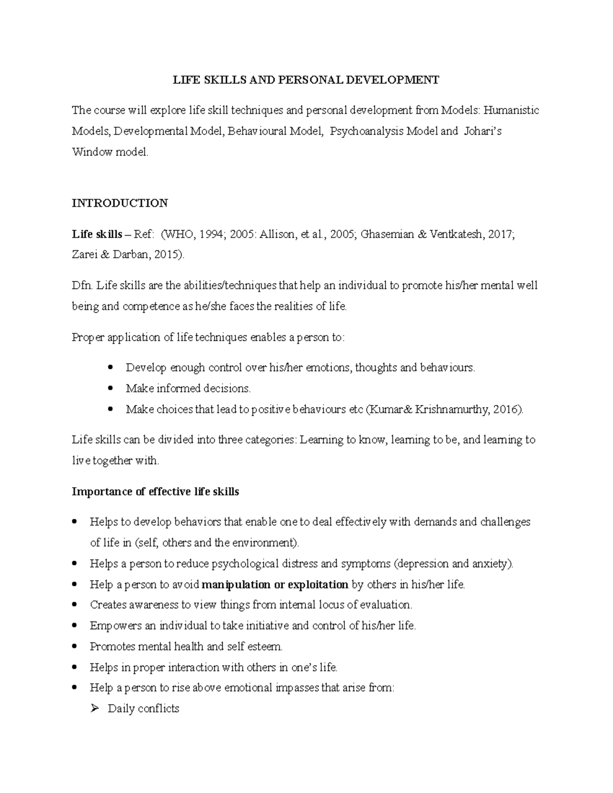 Notes ON LIFE Skills AND Personal Development - LIFE SKILLS AND ...