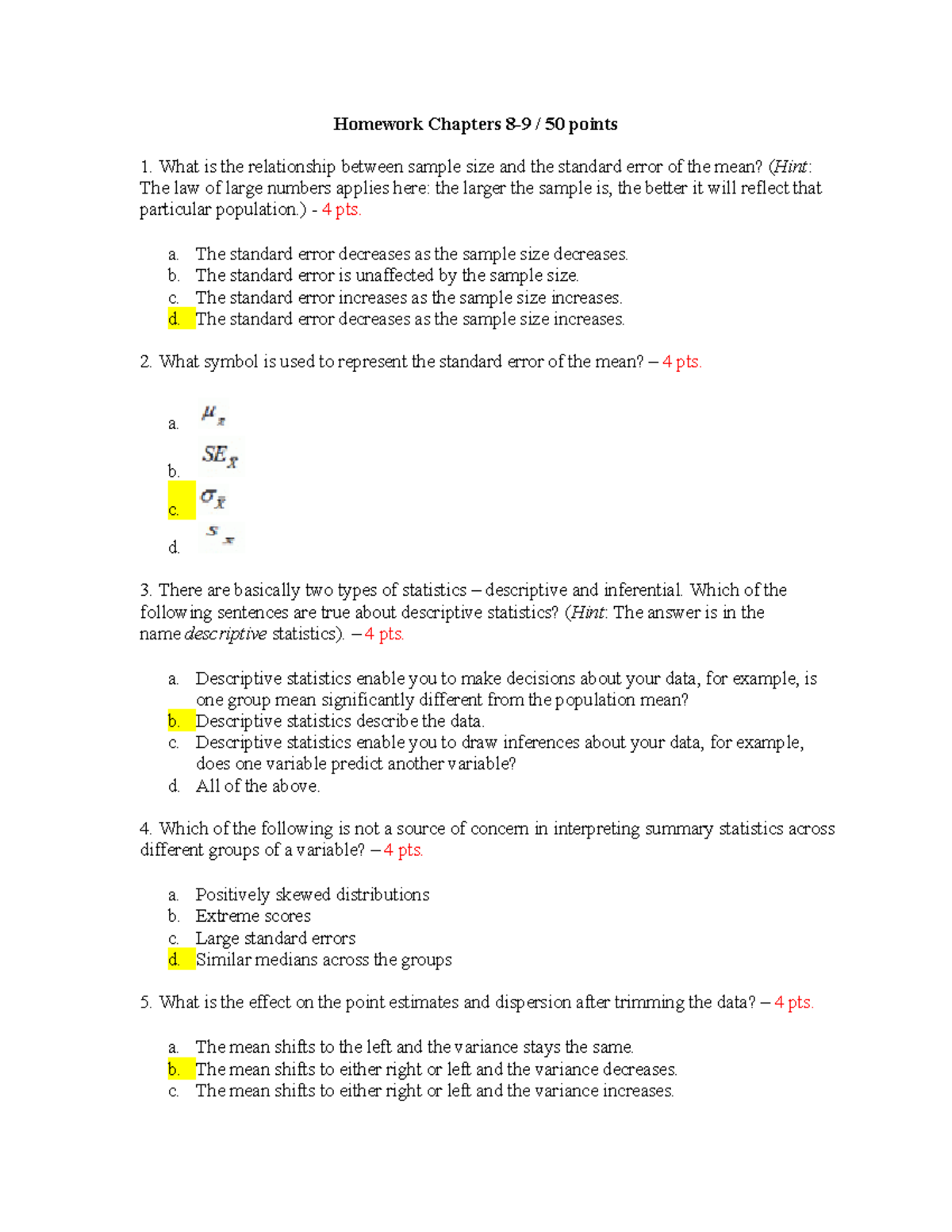 Homework Chapters 8-9 - Statistic hw - Homework Chapters 8-9 / 50 ...