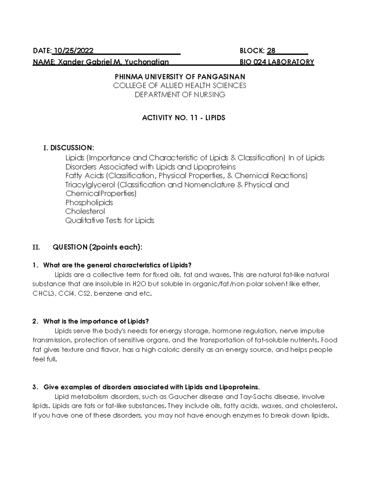 Xander Gabriel M Yuchongtian BIO 024 LAB Activity 11 Lipids 1 - DATE ...