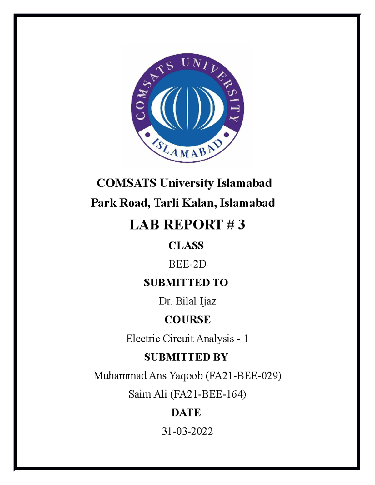 Introdution to computer programming lab-5 - COMSATS University Islamabad Park Road, Tarli Kalan ...