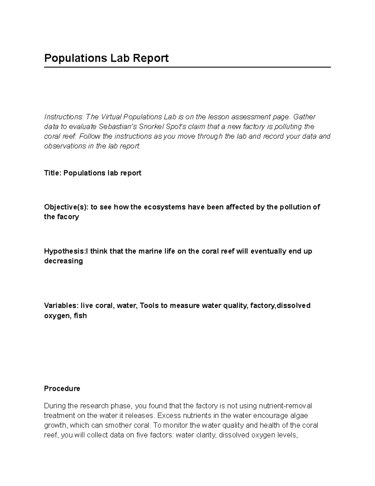 Populations Lab Report - Populations Lab Report Instructions: The ...