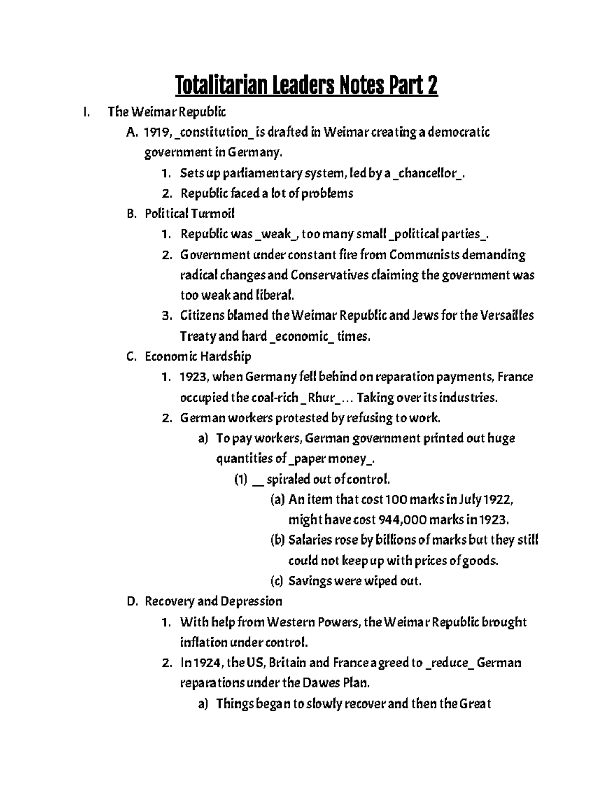 Mmm - .......... - Totalitarian Leaders Notes Part 2 I. The Weimar ...