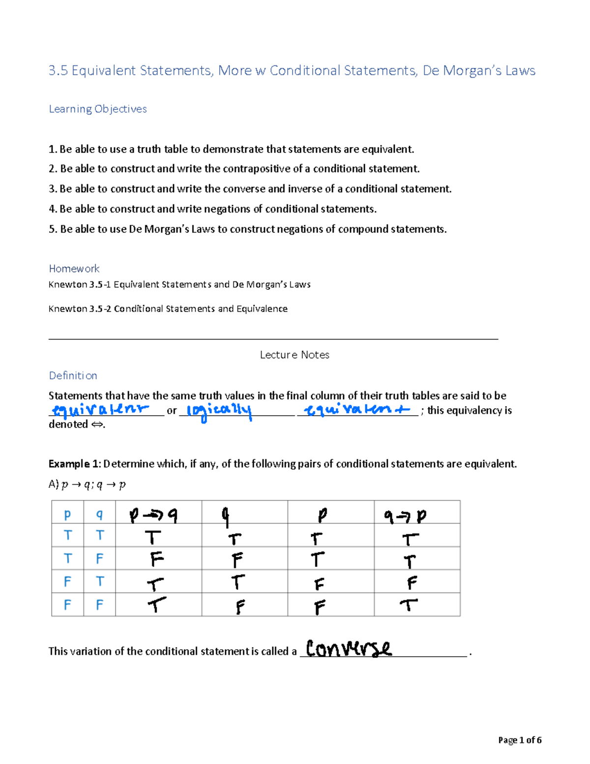 3 - equivalent statements, more w conditional statements, demorgans laws - 3 Equivalent ...
