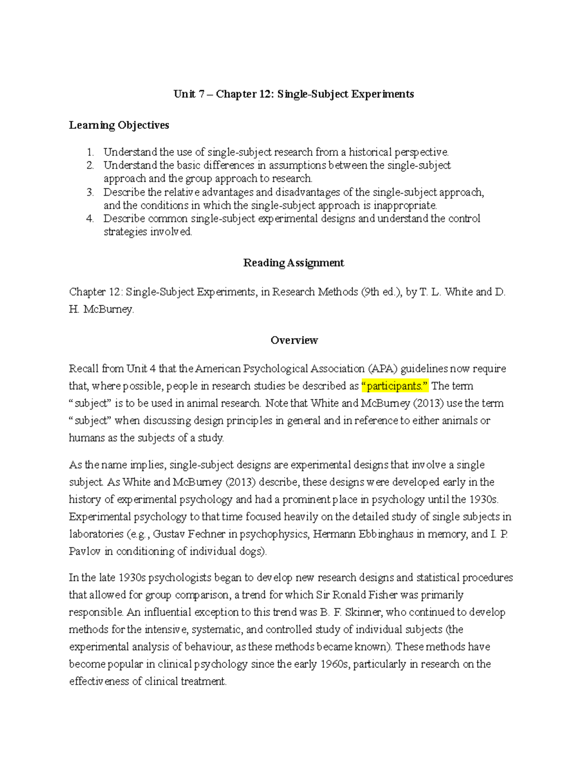 Unit 7 - Single-Subject Experiments - Unit 7 – Chapter 12: Single-Subject Experiments Learning ...