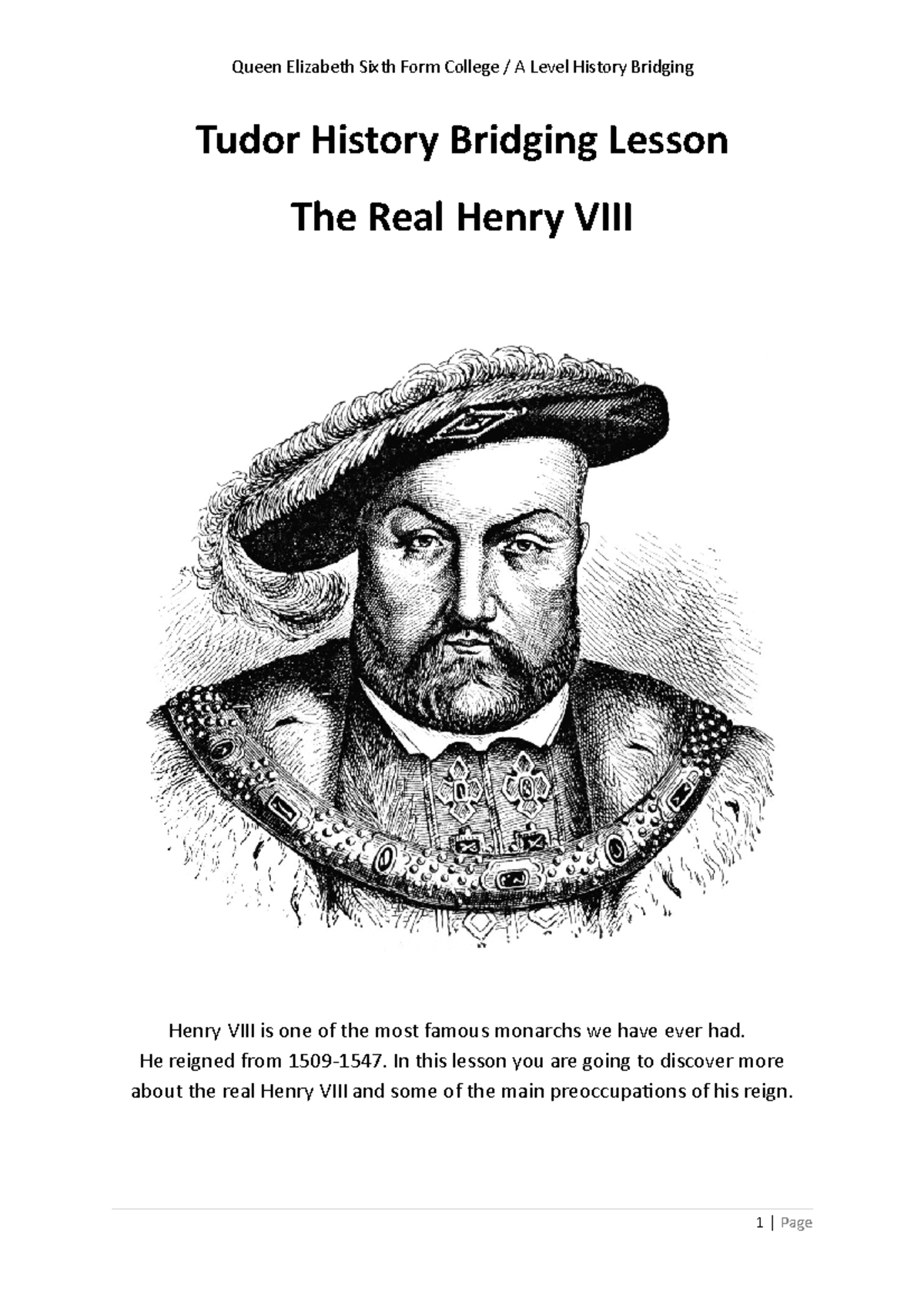 Henry VIII - Bridging materials - Tudor History Bridging Lesson The ...