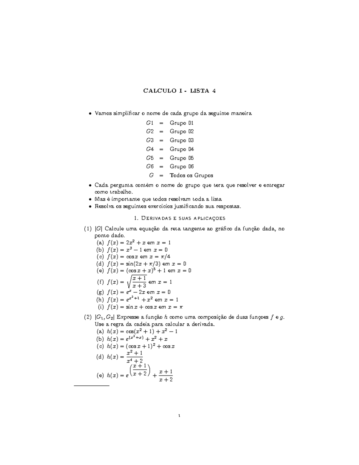 Cálculo I Lista Derivada E Suas Aplicações Calculo I Lista 4