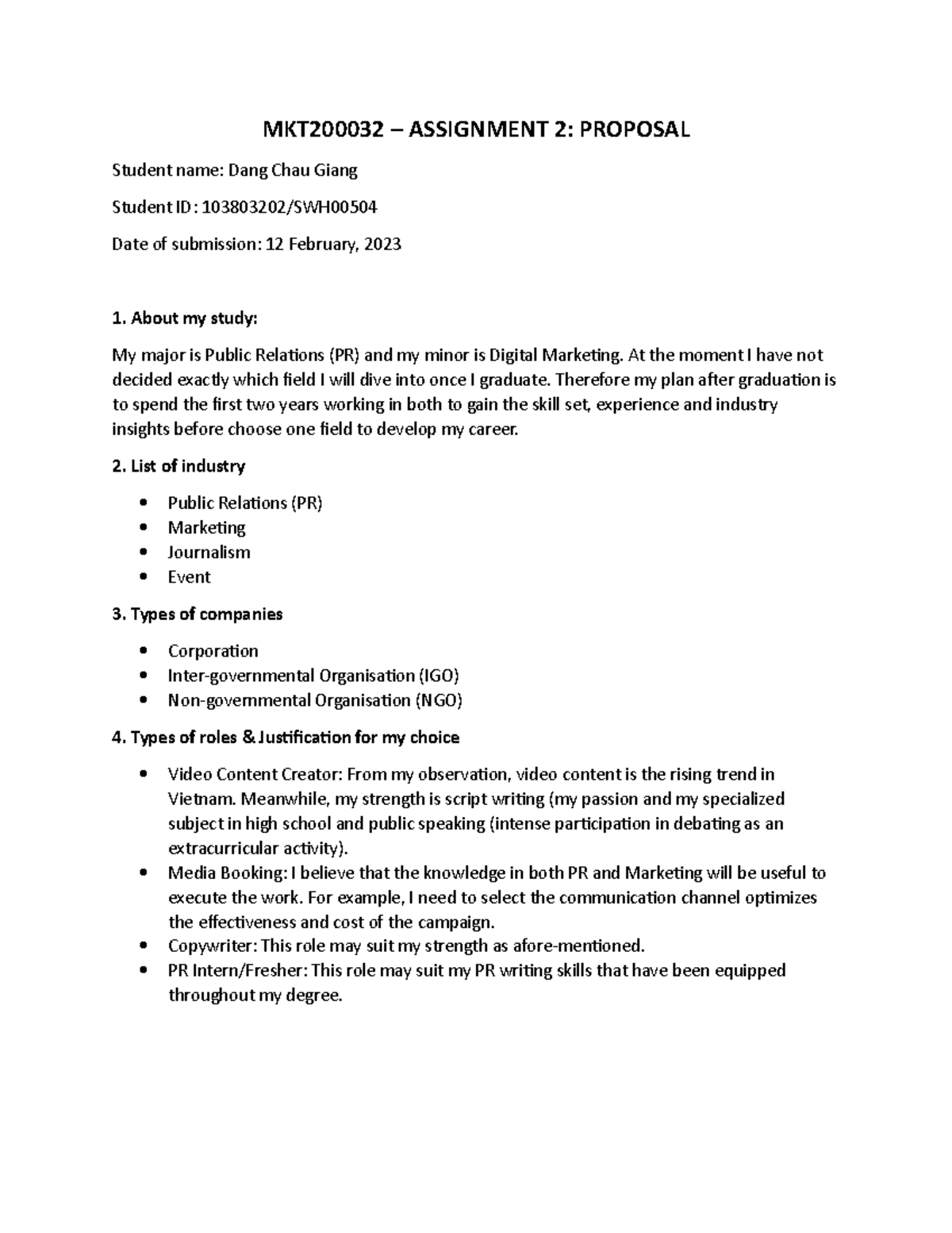 MKT2000 32-A2 Proposal-103803202 - MKT200032 – ASSIGNMENT 2: PROPOSAL Student name: Dang Chau ...