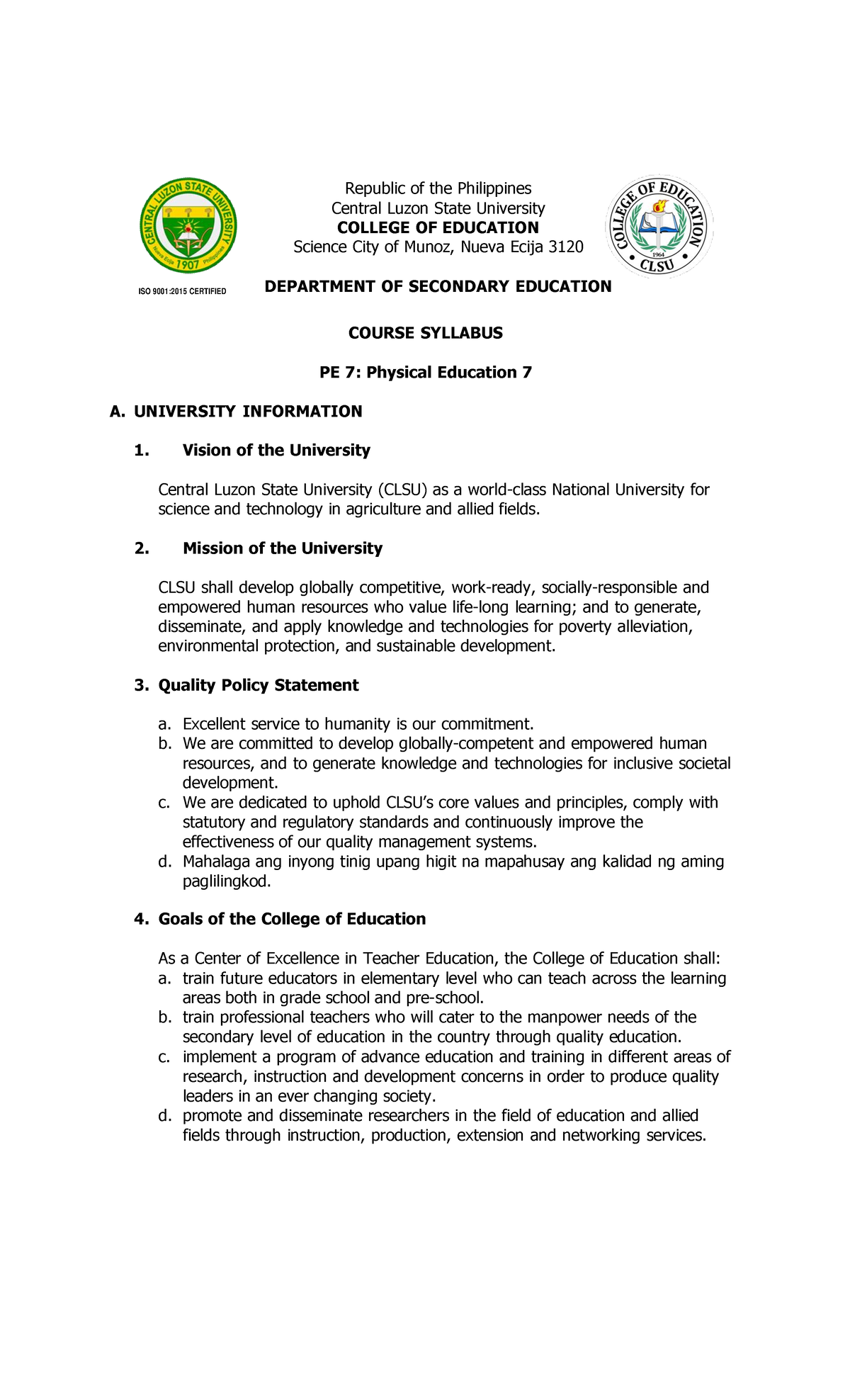 Syllabus PE 7 - PE 7 - ISO 9001:2015 CERTIFIED Republic of the ...