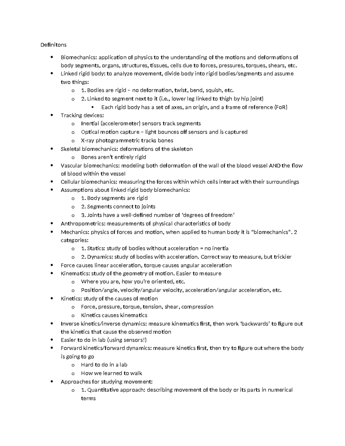 Biomech midterm condensed notes - Definitons Biomechanics: application ...