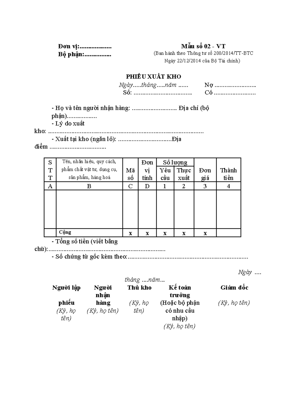 Phieu xuat kho theo thong tu 200 - Đơn vị:................... Mẫu số 02 - VT Bộ - Studocu