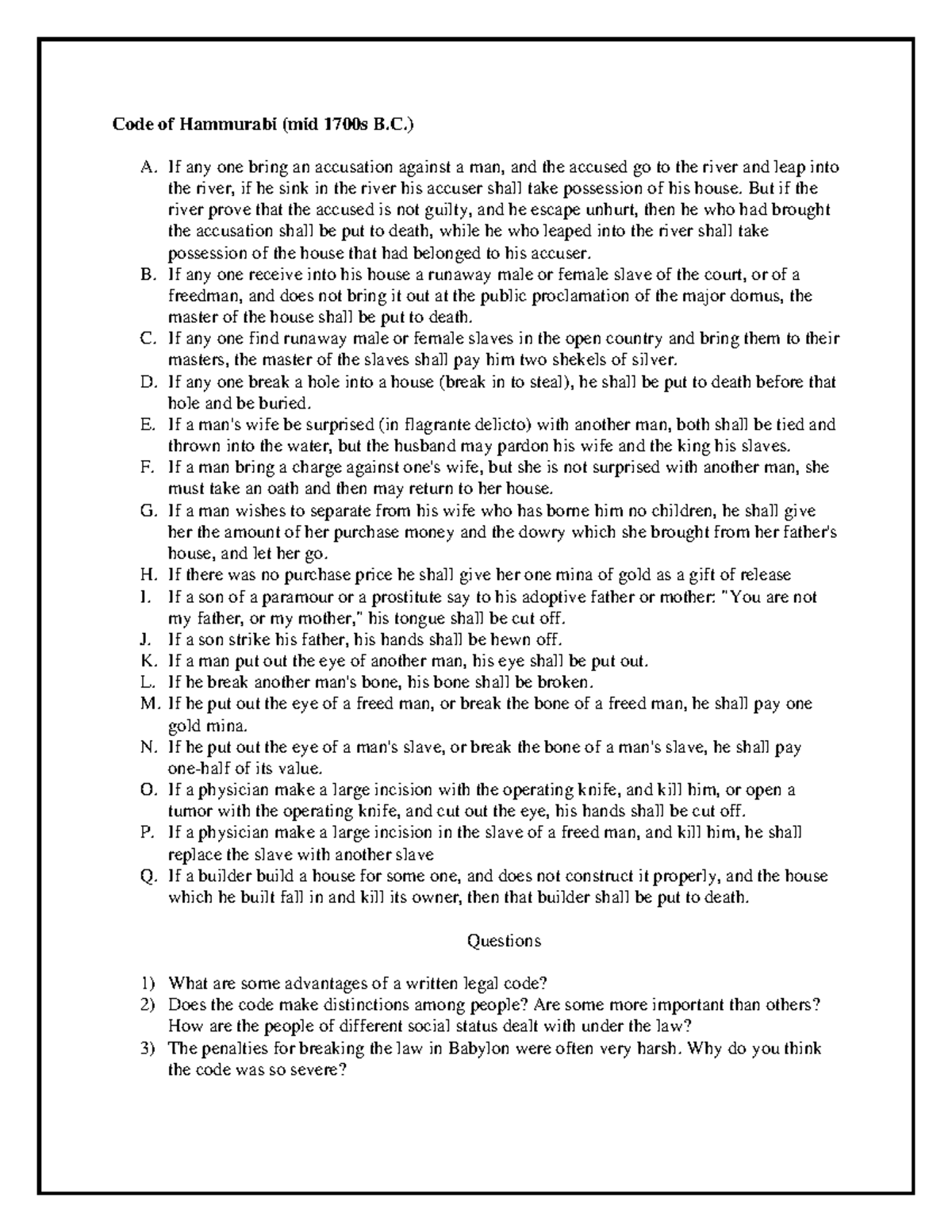Code of Hammurabi and questions - Code of Hammurabi (mid 1700s B.) A ...