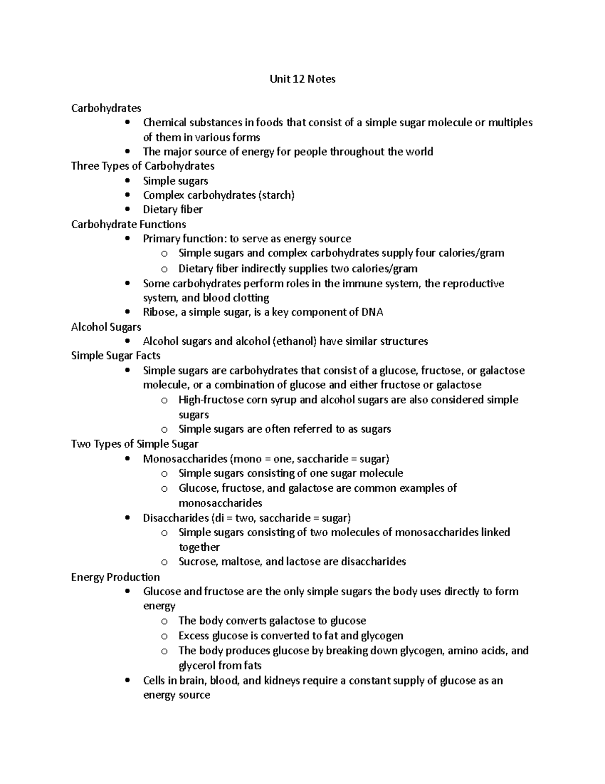 Unit 12 Notes - Carbohydrates - Unit 12 Notes Carbohydrates Chemical ...