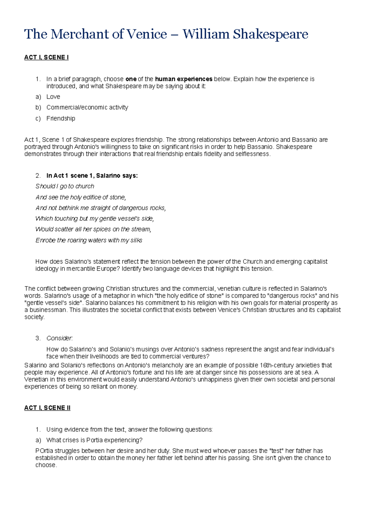 1. Act One worksheet - act 1 note - The Merchant of Venice – William ...