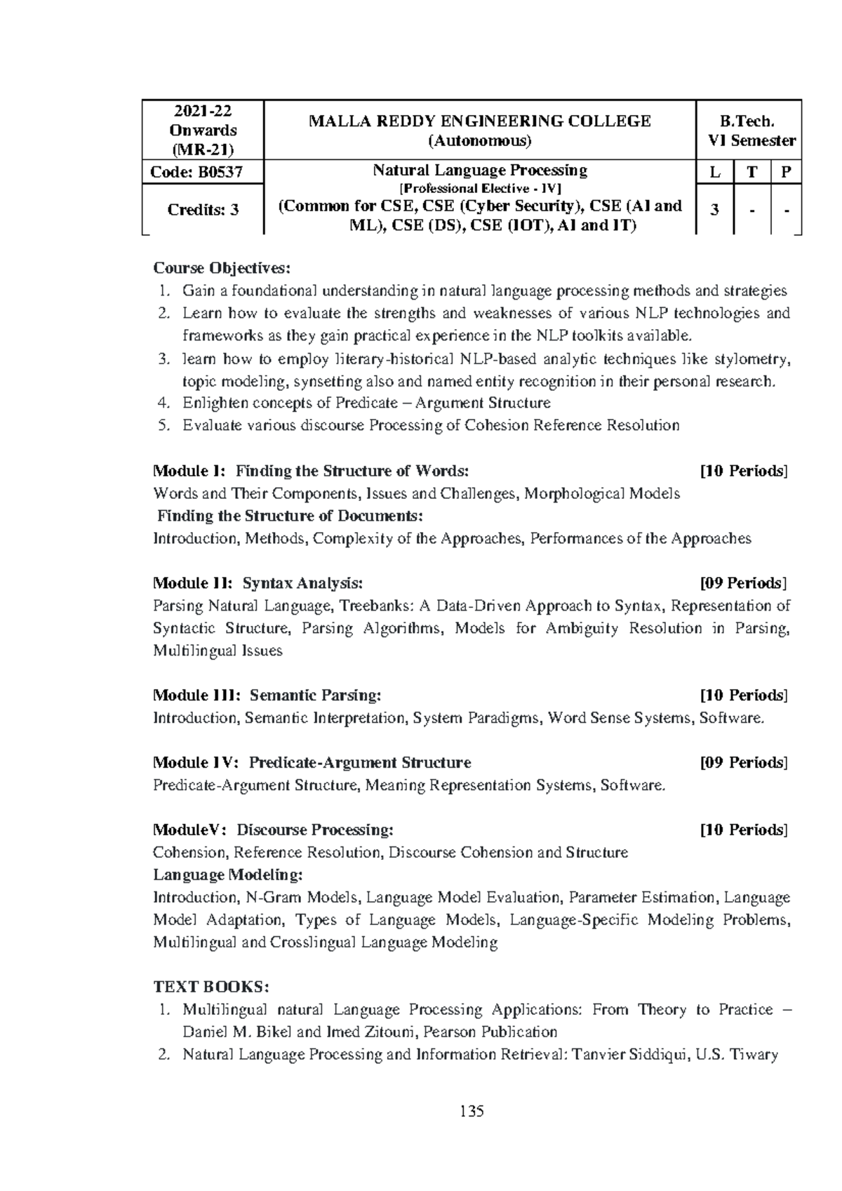 NLP - NLP Syllabus - 135 2021 - 22 Onwards (MR-21) MALLA REDDY ...
