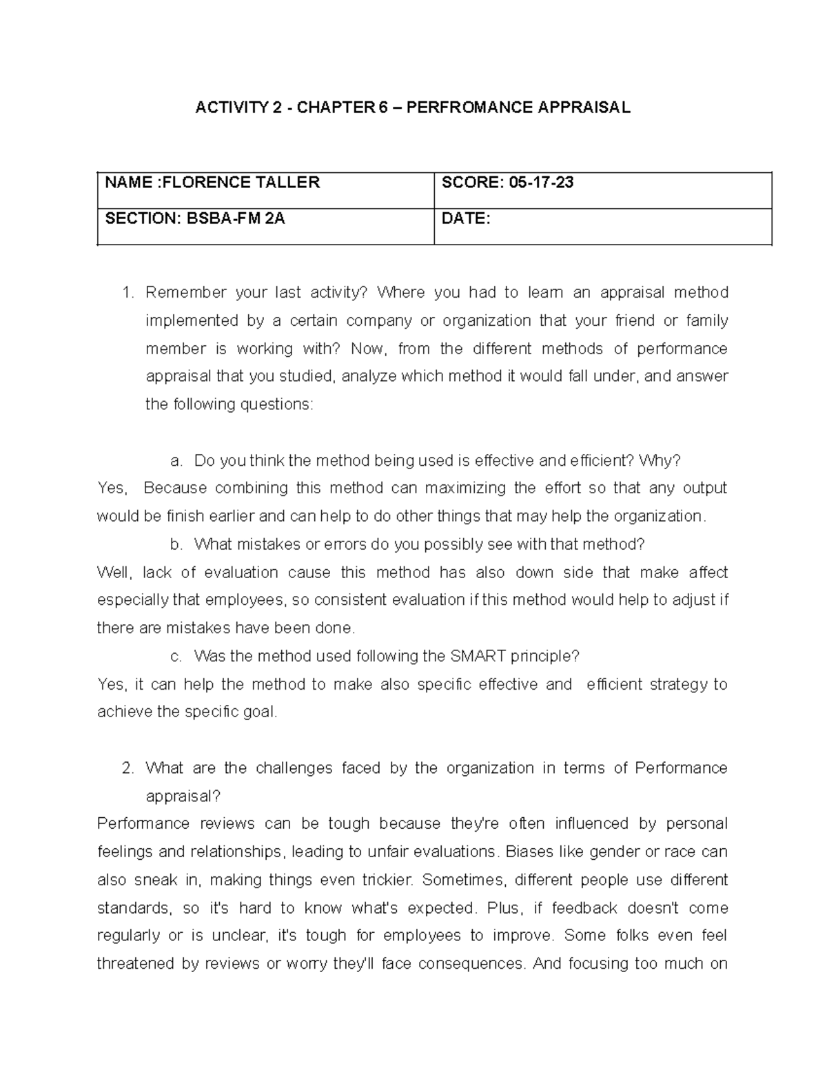 Activity-2 Performance-Appraisal - ACTIVITY 2 - CHAPTER 6 – PERFROMANCE ...
