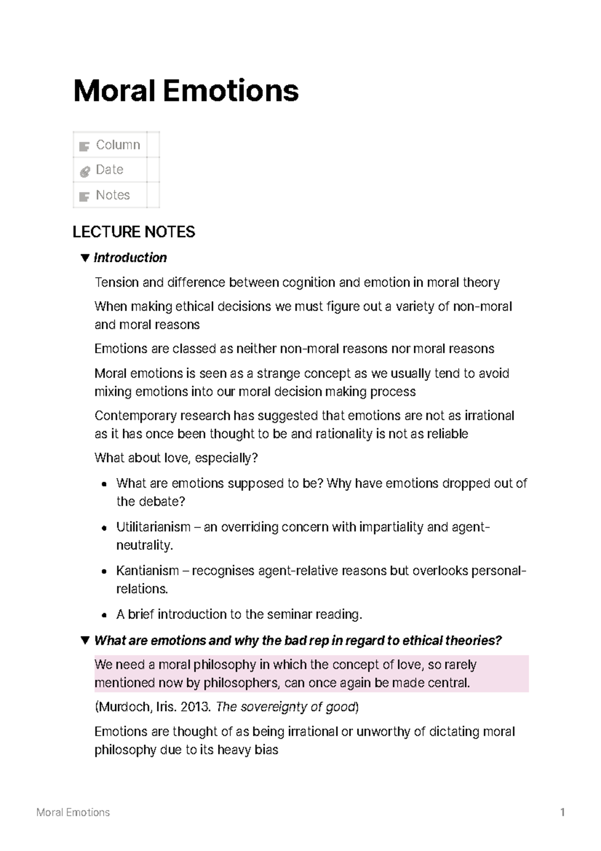 Moral Emotions - Lecture notes - Moral Emotions Column Date Notes ...
