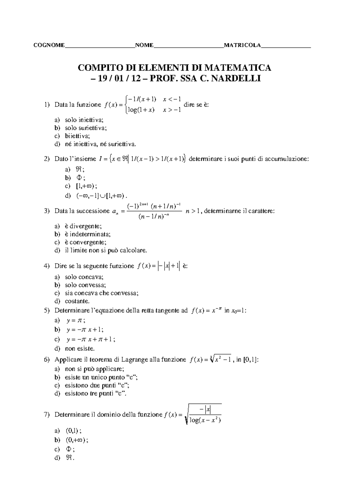 Elementi di Matematica (Prove di Esami 03) - - Studocu