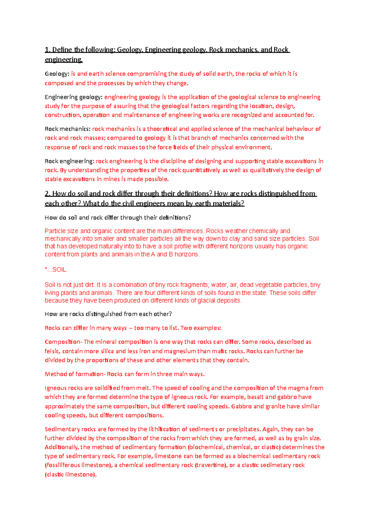 Rock mechanics questions for exam - 1. Define the following: Geology ...