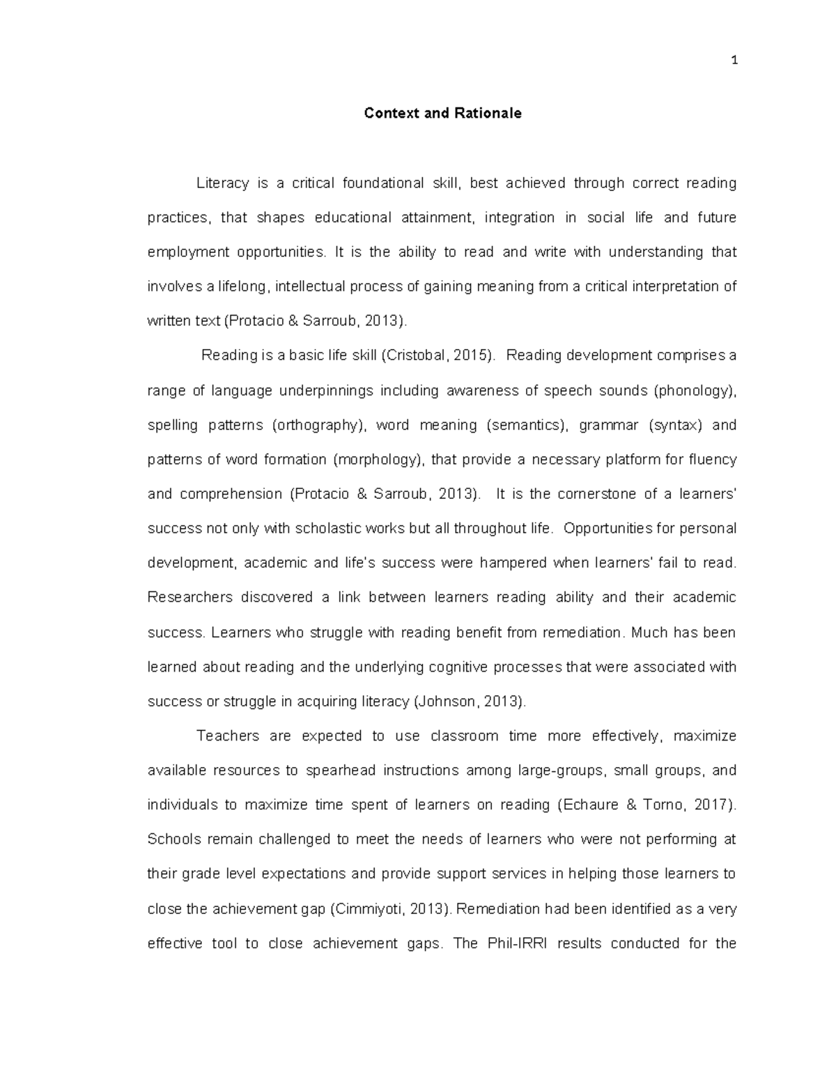 Action research BODY Corrected - Context and Rationale Literacy is a ...