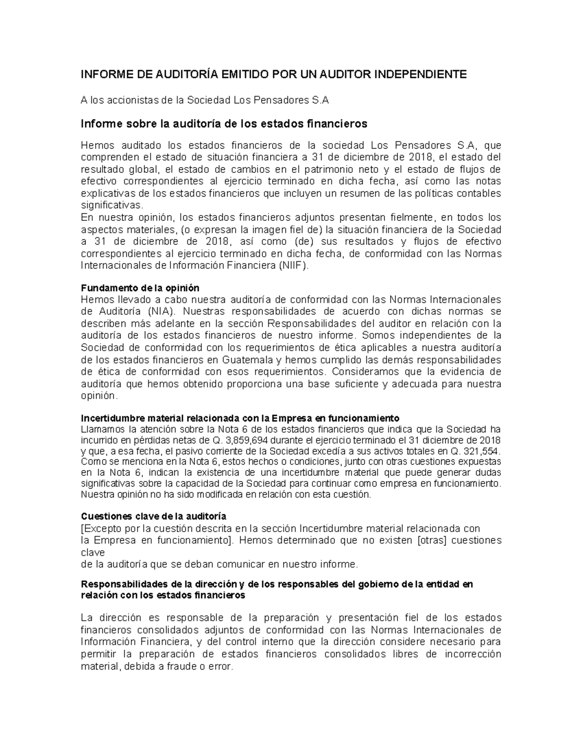 Informe DE Auditoría Emitido POR UN Auditor Independiente - INFORME DE AUDITORÍA EMITIDO POR UN ...