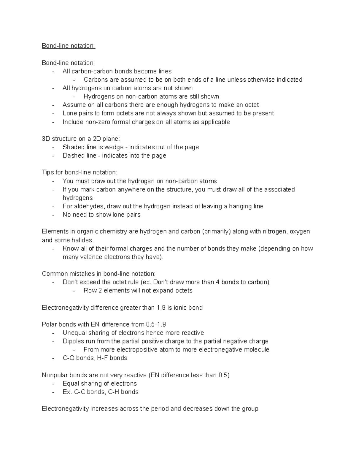 Organic Chemistry (CH203) Exam 1 Notes - Bond-line notation: Bond-line ...