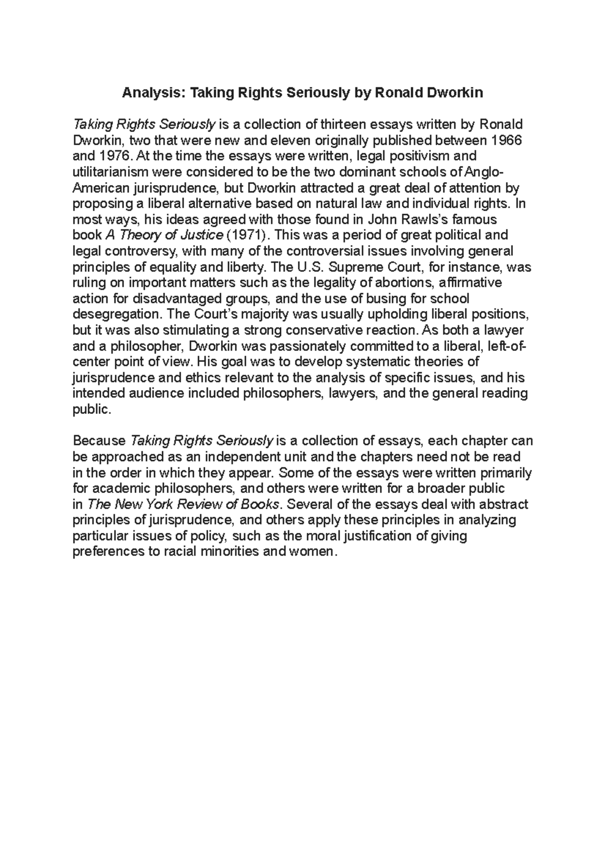 Analysis - Summary Taking Rights Seriously - Analysis: Taking Rights ...