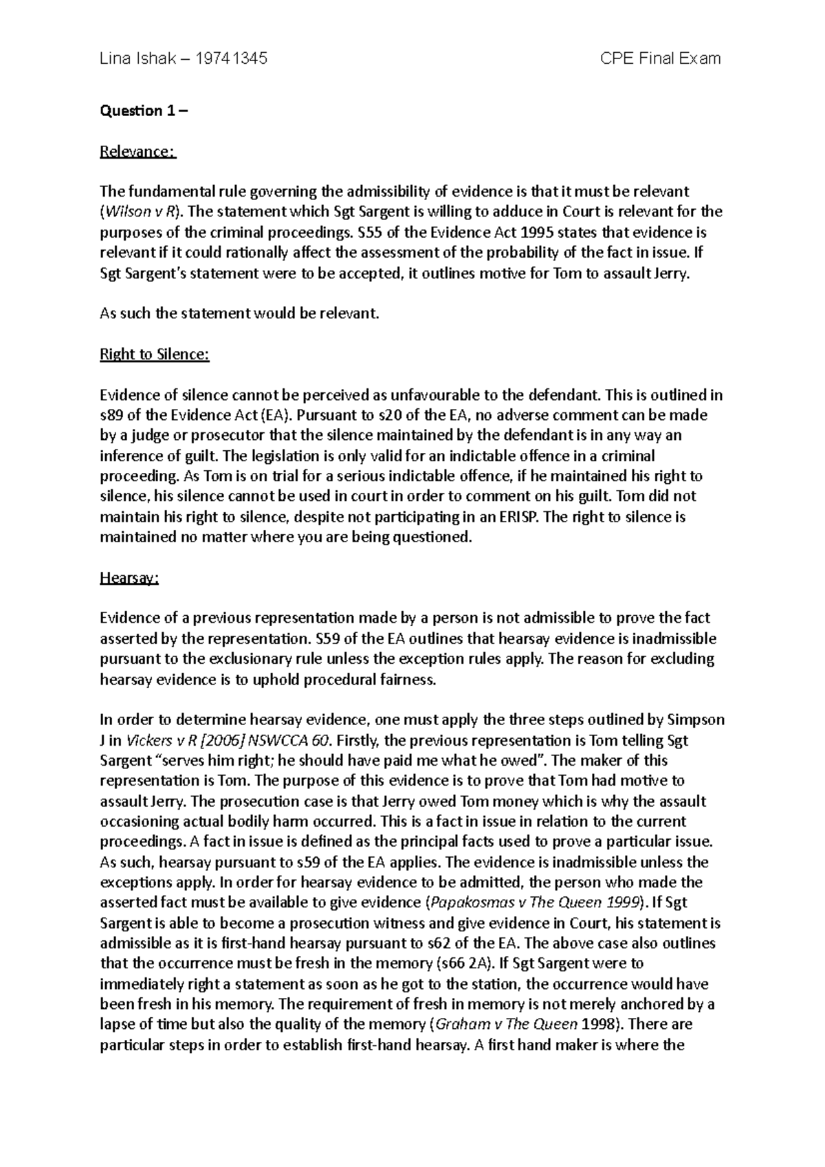 CPE FInal Exam 2021 - Question 1 – Relevance: The fundamental rule ...