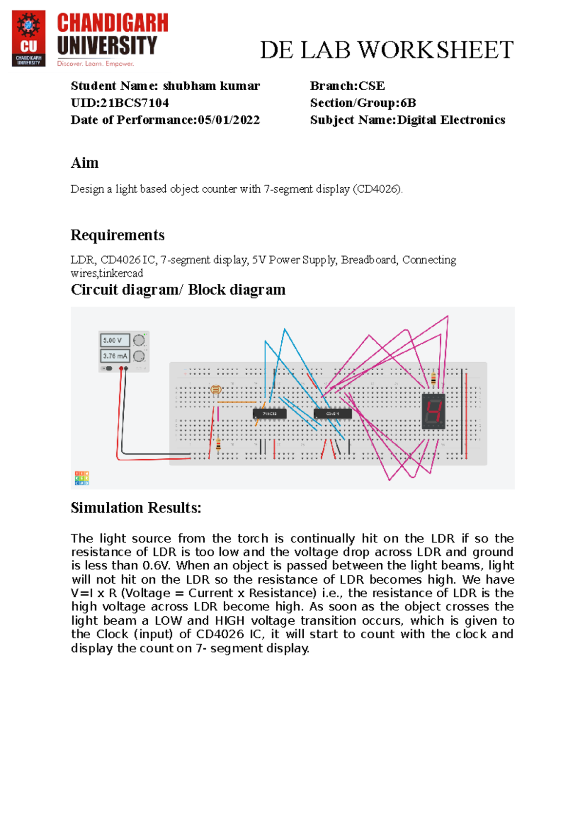 De 3.2 worksheet digital electronics - DE LAB WORKSHEET Student Name ...