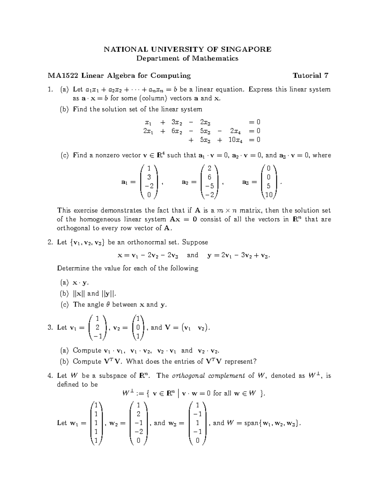 Tutorial 7 - math - NATIONAL UNIVERSITY OF SINGAPORE Department of Mathematics MA1522 Linear ...