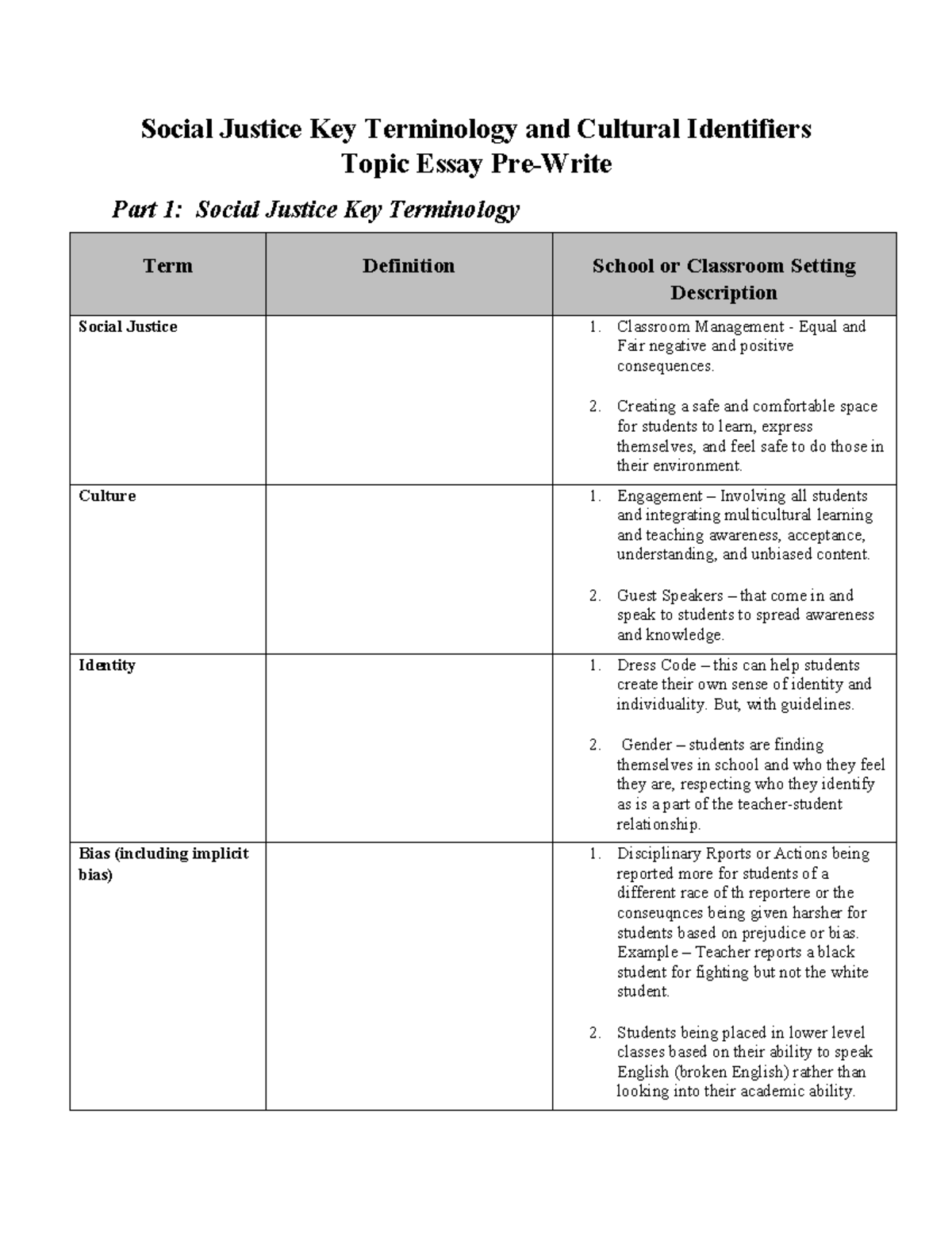 EDU 330 Topic 1 Assignment - Social Justice Key Terminology and ...