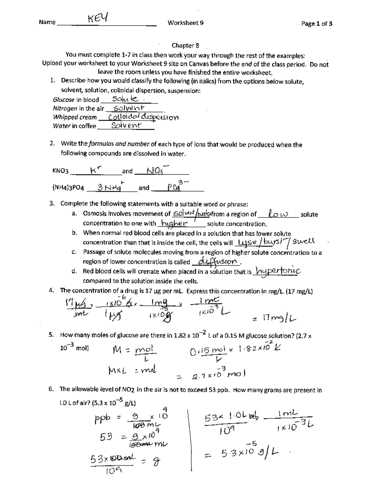 Key Worksheet 9 F23 - CHEM 101 - Studocu