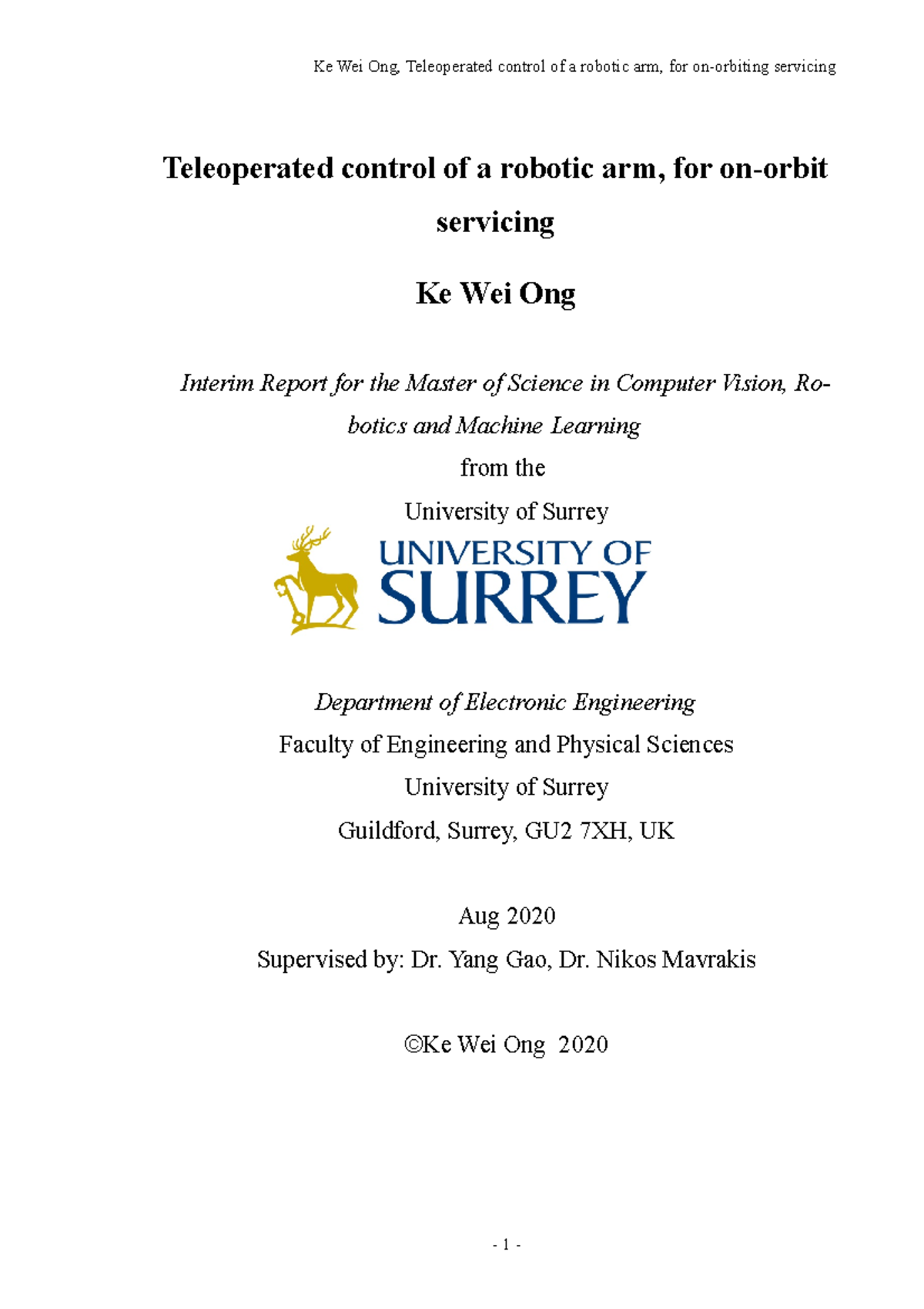 Teleoperated control of a robotic arm, for on-orbit servicing 2020 Kewei - Teleoperated control ...