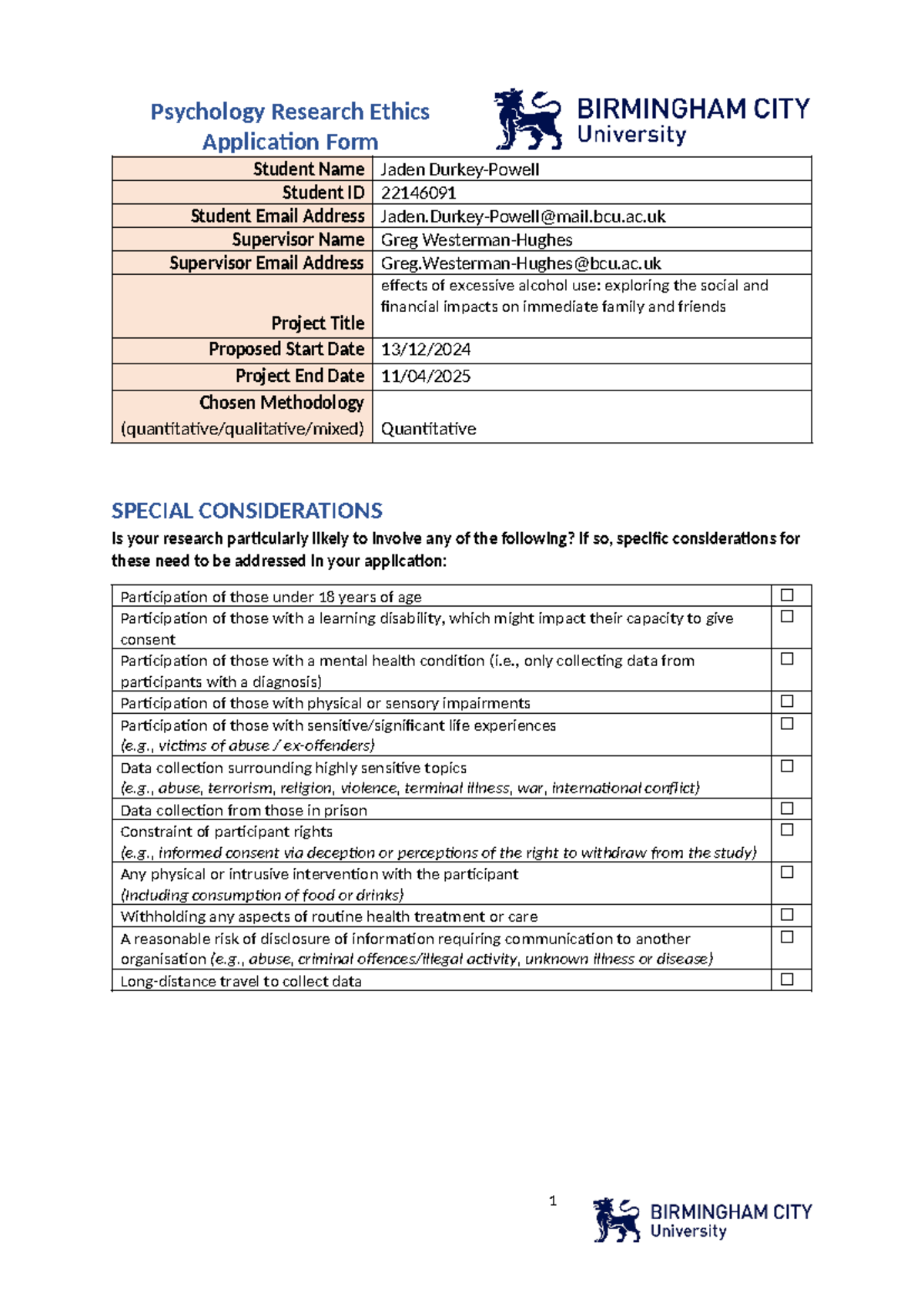 PSY6097 Ethics Application with corrections - Psychology Research ...