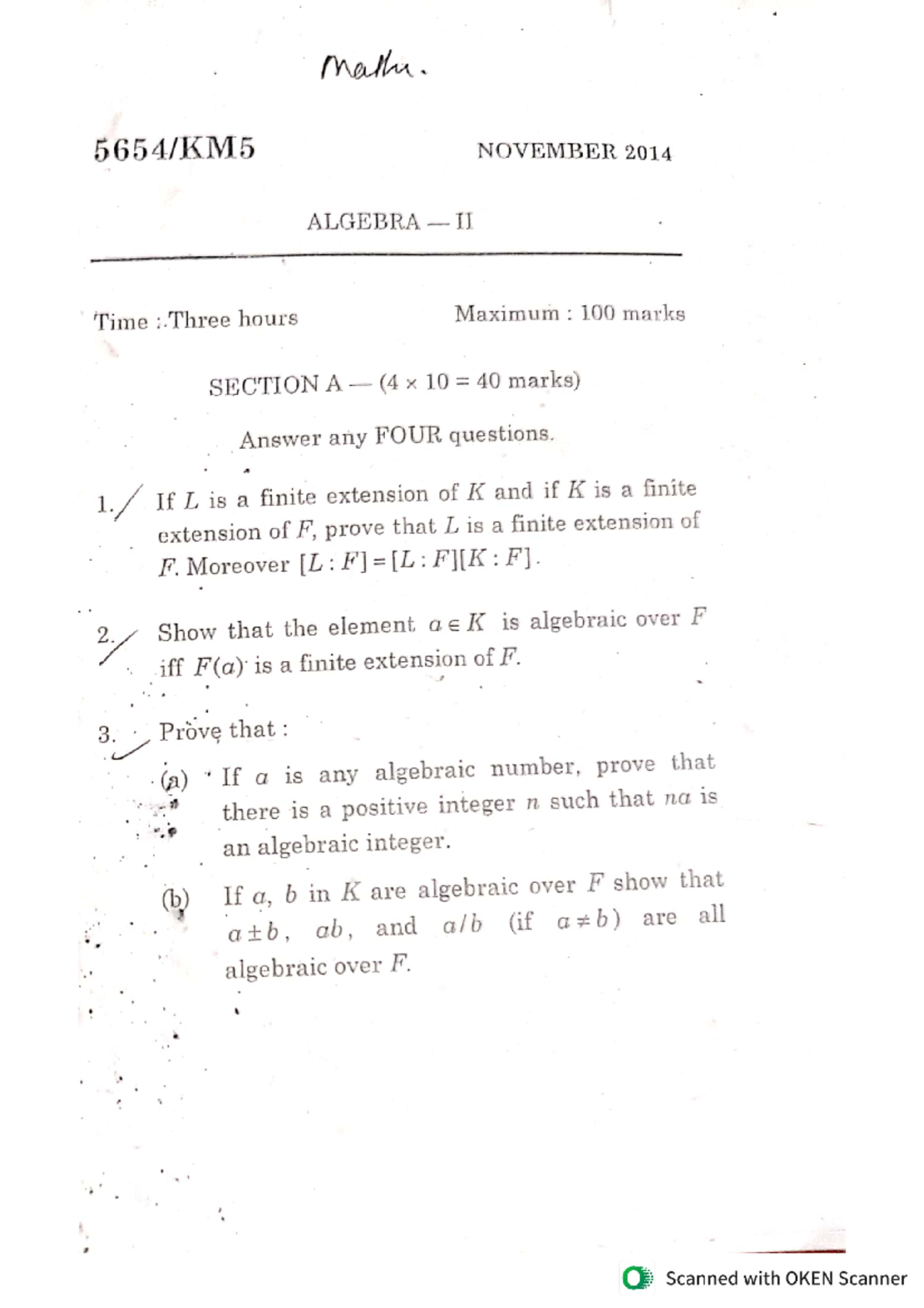 Msc maths question paper Algebra - Mathematics - Studocu