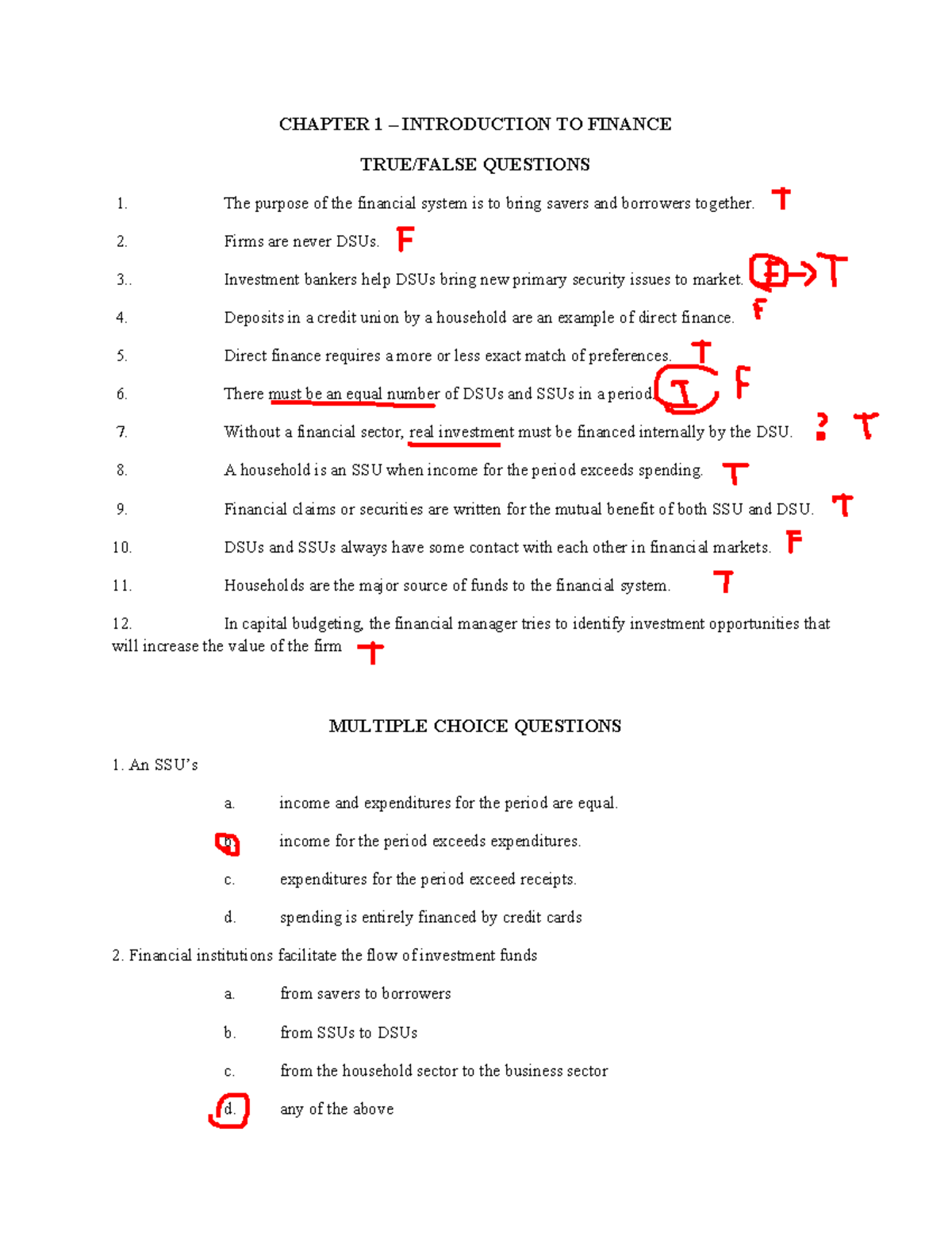 Chapter 1 - MCQs - oh yeah - CHAPTER 1 – INTRODUCTION TO FINANCE TRUE ...