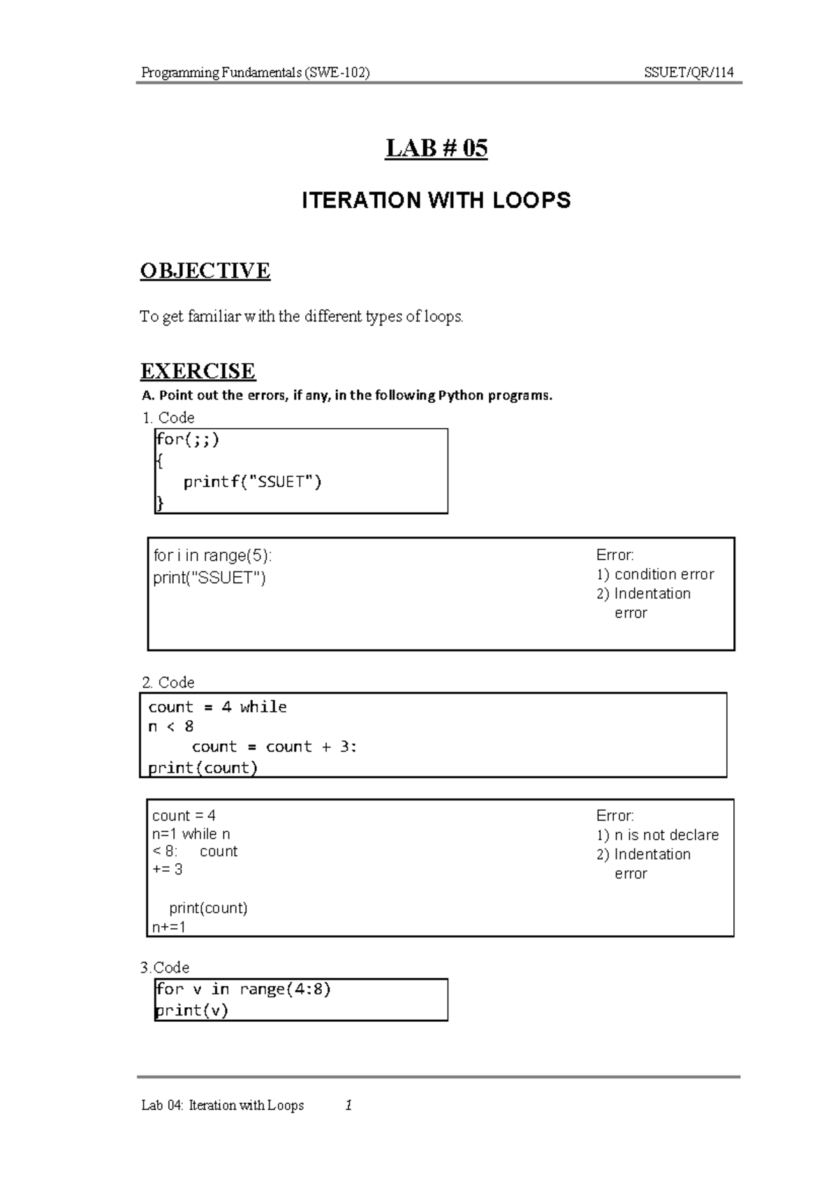 Pf lab5 - Djjd - LAB # 05 ITERATION WITH LOOPS OBJECTIVE To get ...