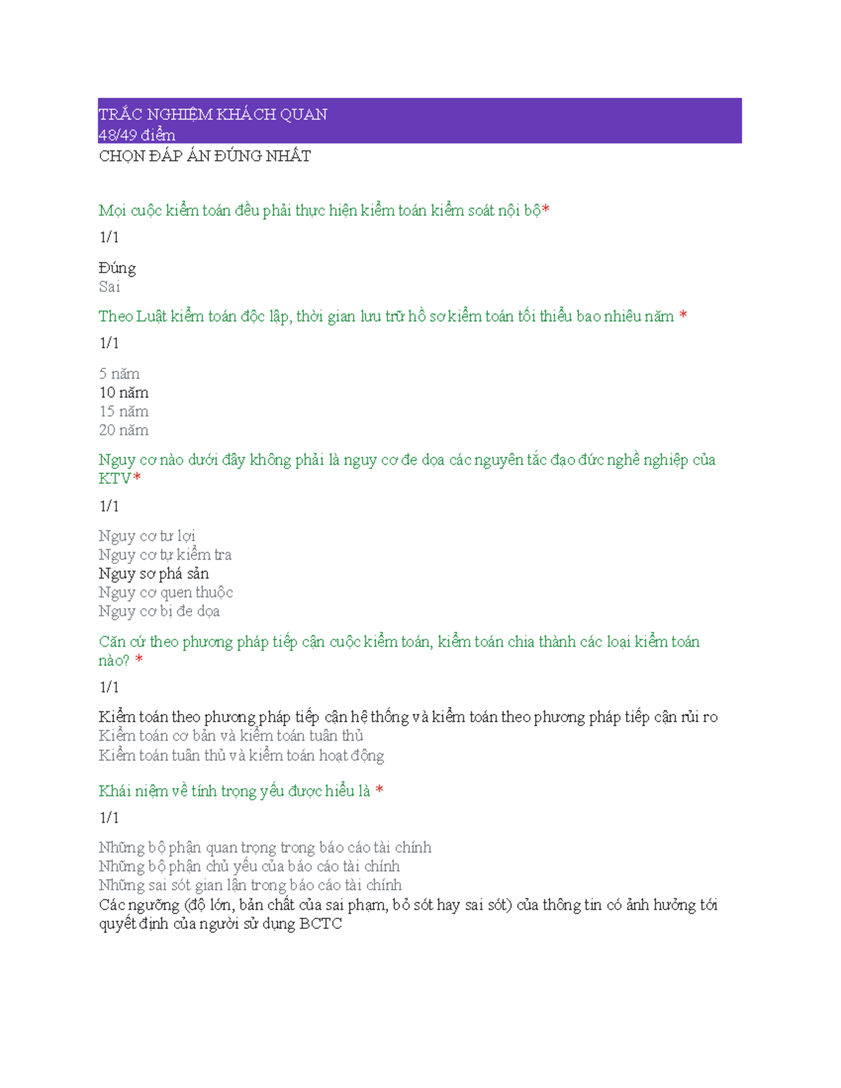 Kiểm toán gg form - kkkk - TRẮC NGHIỆM KHÁCH QUAN 48/49 điểm CHỌN ĐÁP ÁN ĐÚNG NHẤT Mọi cuộc kiểm ...