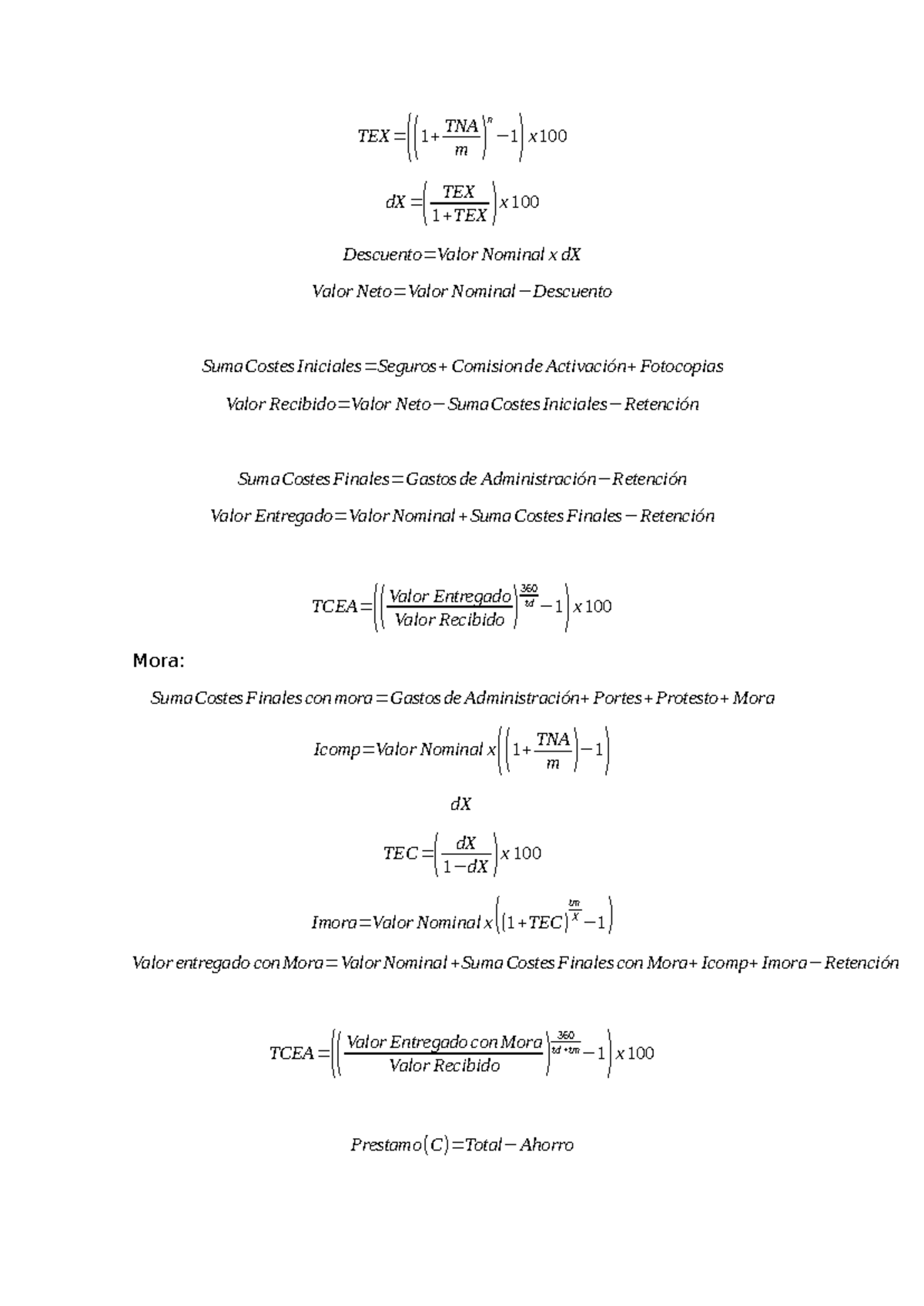 Finanzas formulas - TEX = (( 1 + TNA m ) n − 1 ) x 100 dX =( TEX 1 +TEX ...