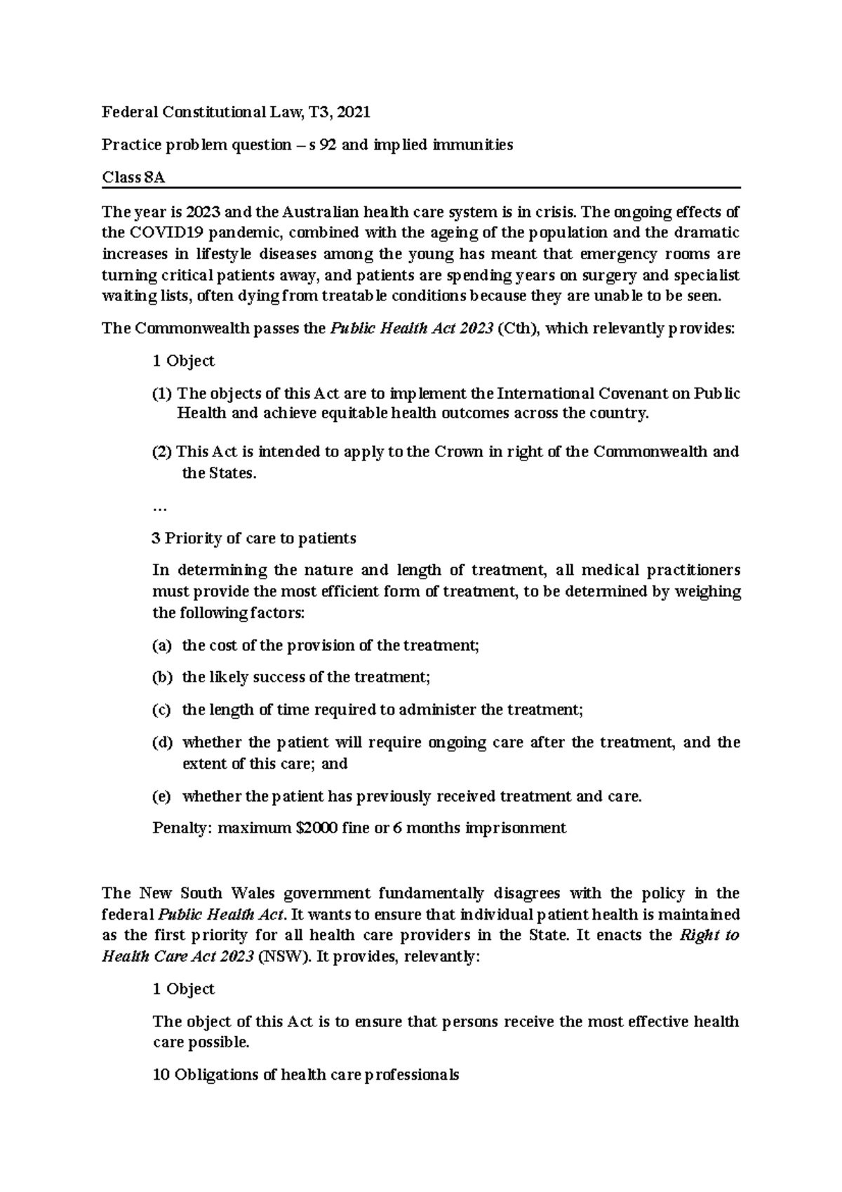 Practice exam - Class 8A - Revised - Federal Constitutional Law, T3 ...