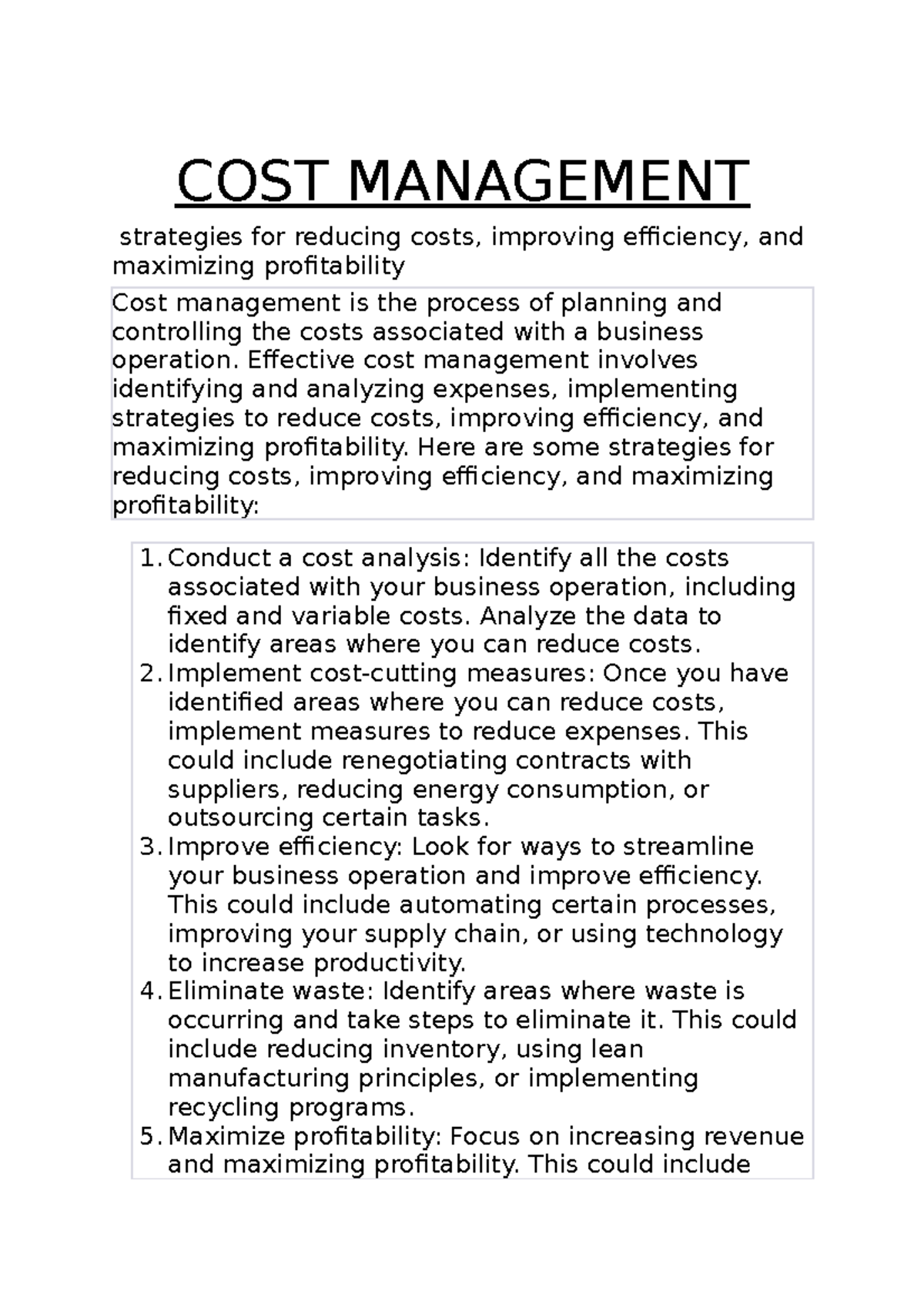 COST Management - COST MANAGEMENT strategies for reducing costs ...