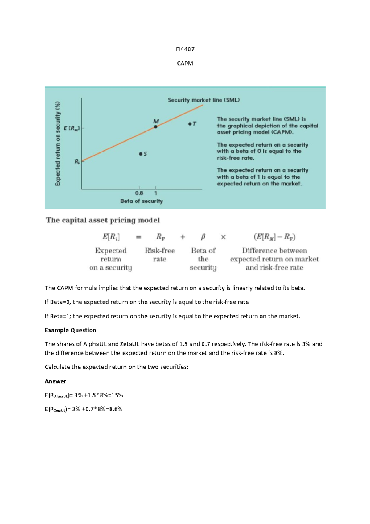 CAPM - CAPM notes and examples - FI CAPM The CAPM formula implies that ...