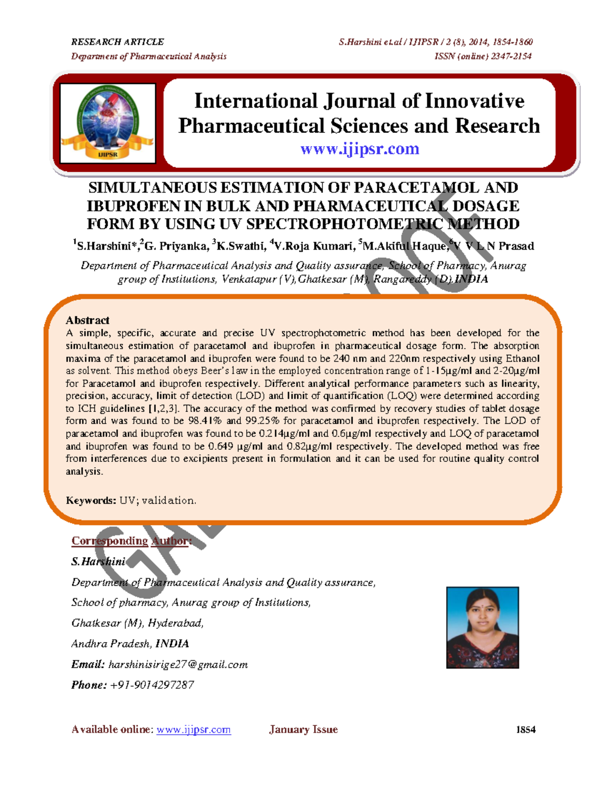 Simultaneous Estimation Of Ibuprofen And Paracetamol By Uv Spectroscopy
