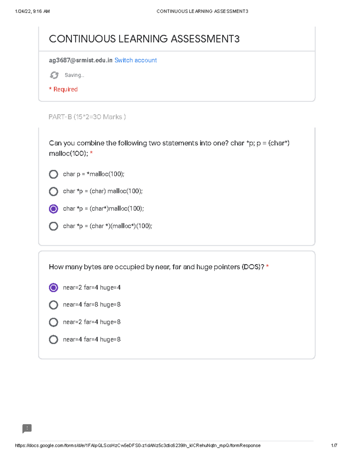 2nd Part CSS CT-3 - done - PART-B (15*2=30 Marks ) char p = *malloc(100 ...