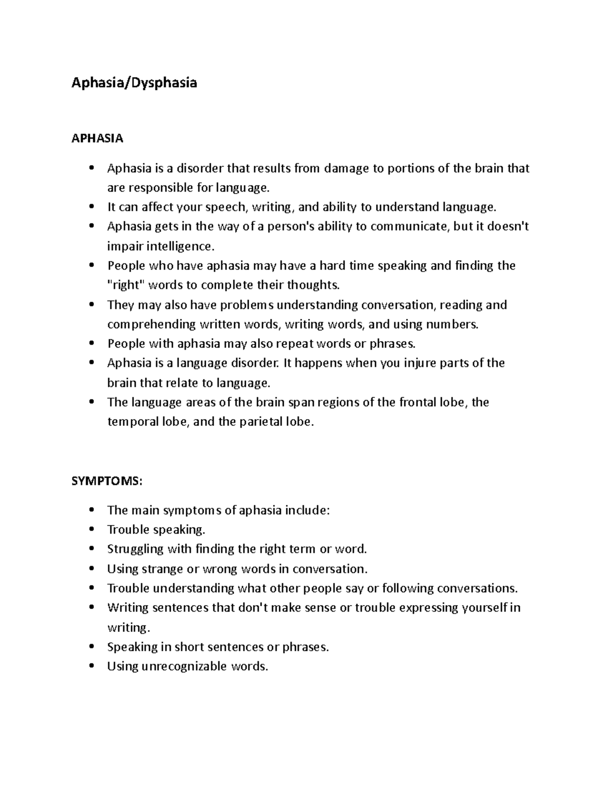 Aphasia and dysphasia - Aphasia/Dysphasia APHASIA Aphasia is a disorder ...