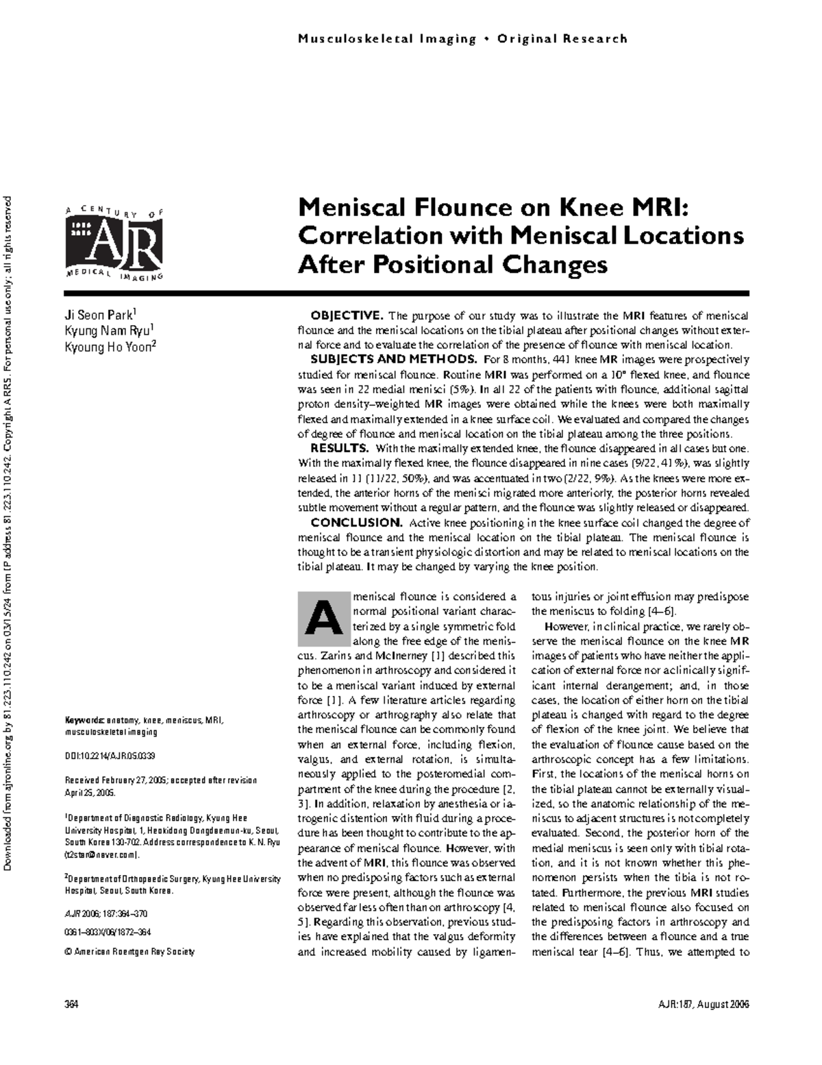Park et al 2012 meniscal flounce on knee mri correlation with meniscal ...