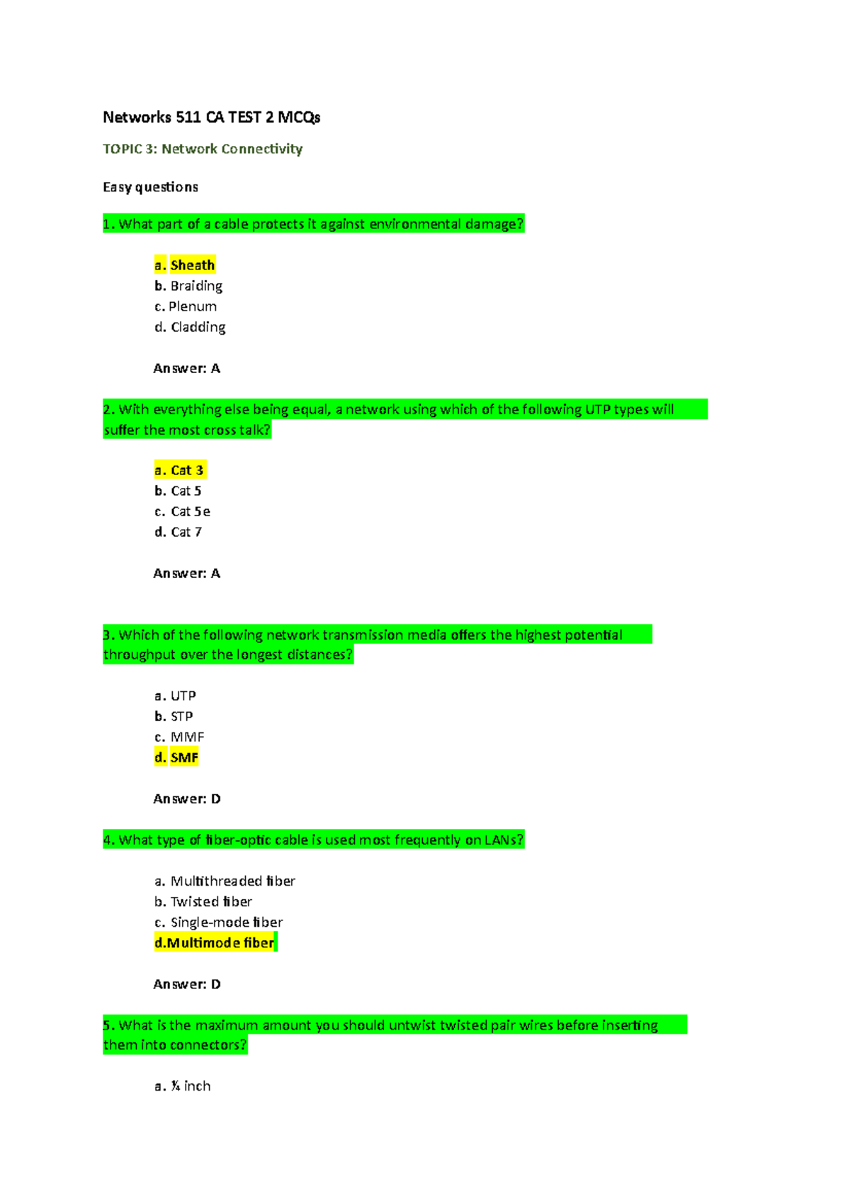 Networks 511 CA TEST 2 (Highlight) - Networks 511 CA TEST 2 MCQs TOPIC ...