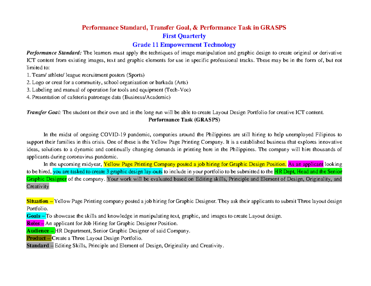 Emptech 1st Quarter Performance TASK - Performance Standard, Transfer ...