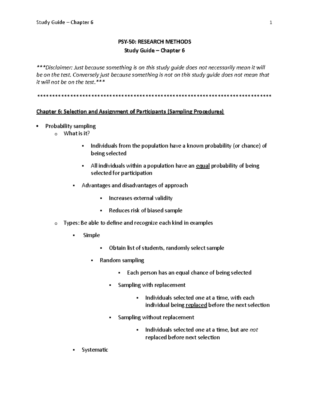 PSY 50 - Chapter 6 Study Guide - Study Guide – Chapter 6 1 PSY-50: RESEARCH METHODS Study Guide ...